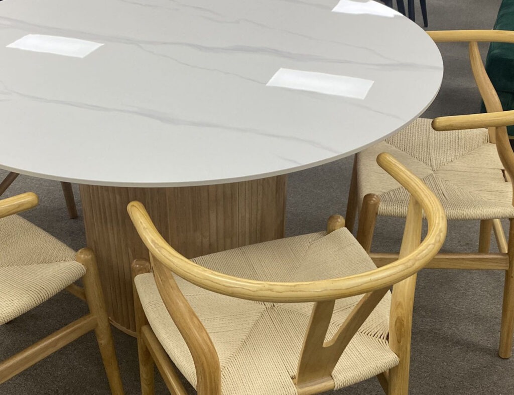 Round Marble Look Dining Set 6 Seater – Ceramic Table with Wishbone ...